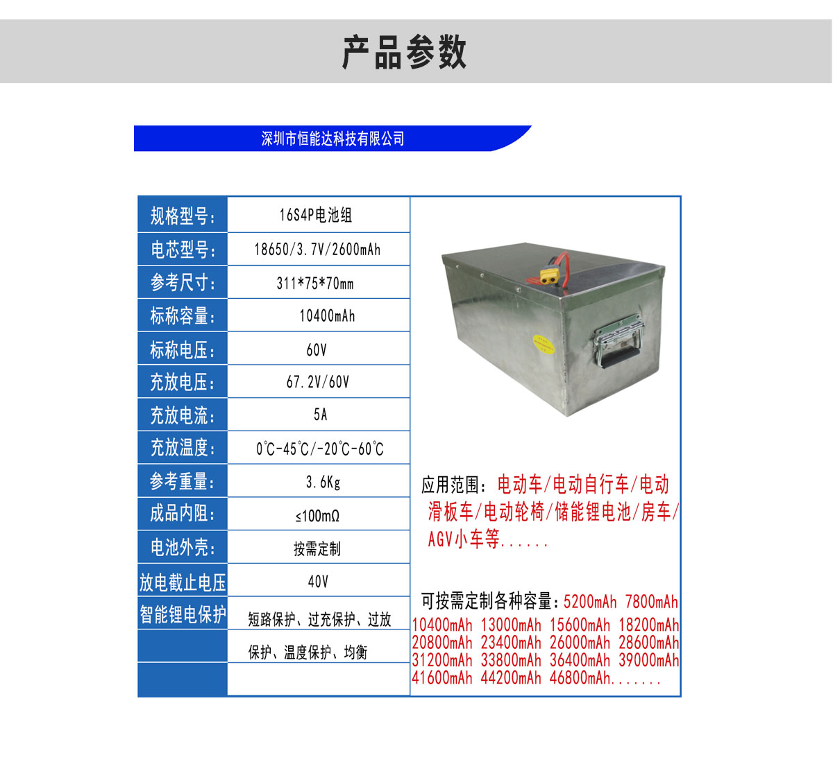60V 10400mAh 18650-16S4P电池组 - 深圳市恒能达科技有限公司