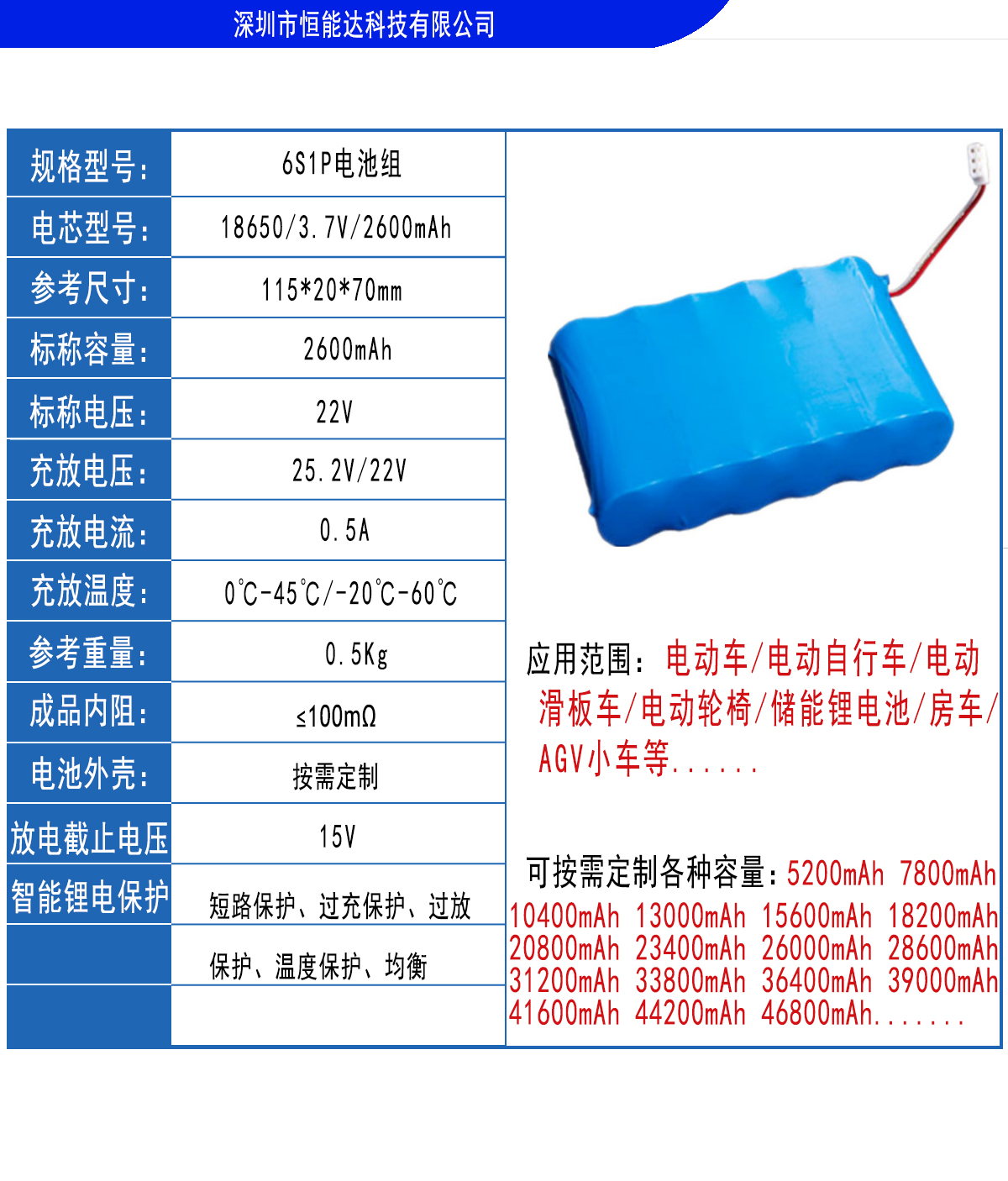 22V 2600mAh 18650-6S1P - 深圳市恒能达科技有限公司